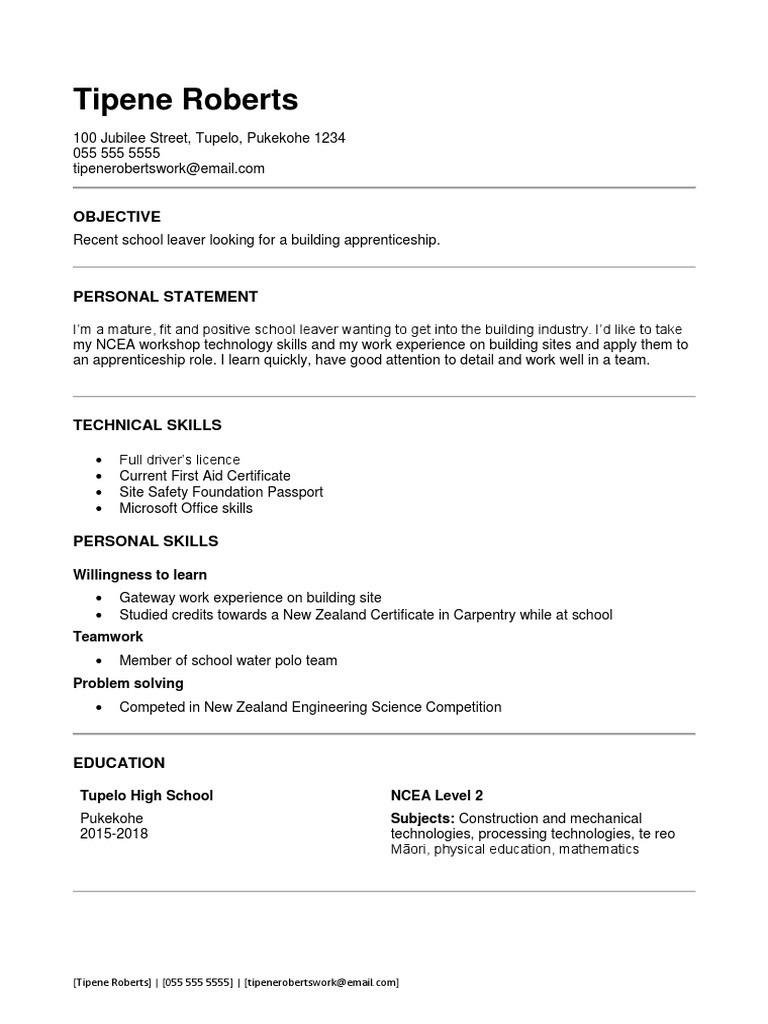School Leaver CV Example | Further Education | Business