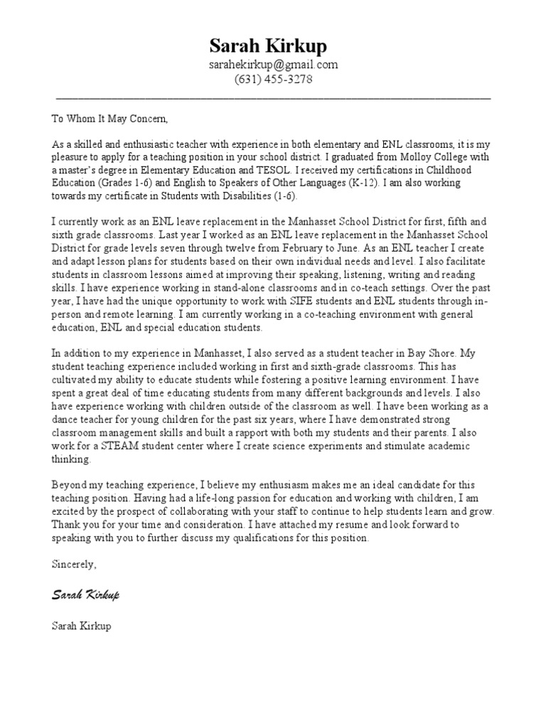 Sarah Kirkup Cover Letter | PDF | Classroom | Teachers