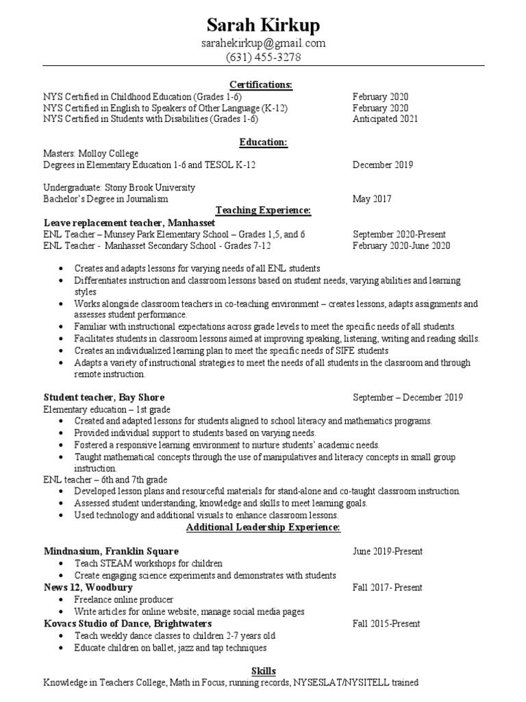 Sarah Kirkup Resume | PDF | Teachers | Education Theory