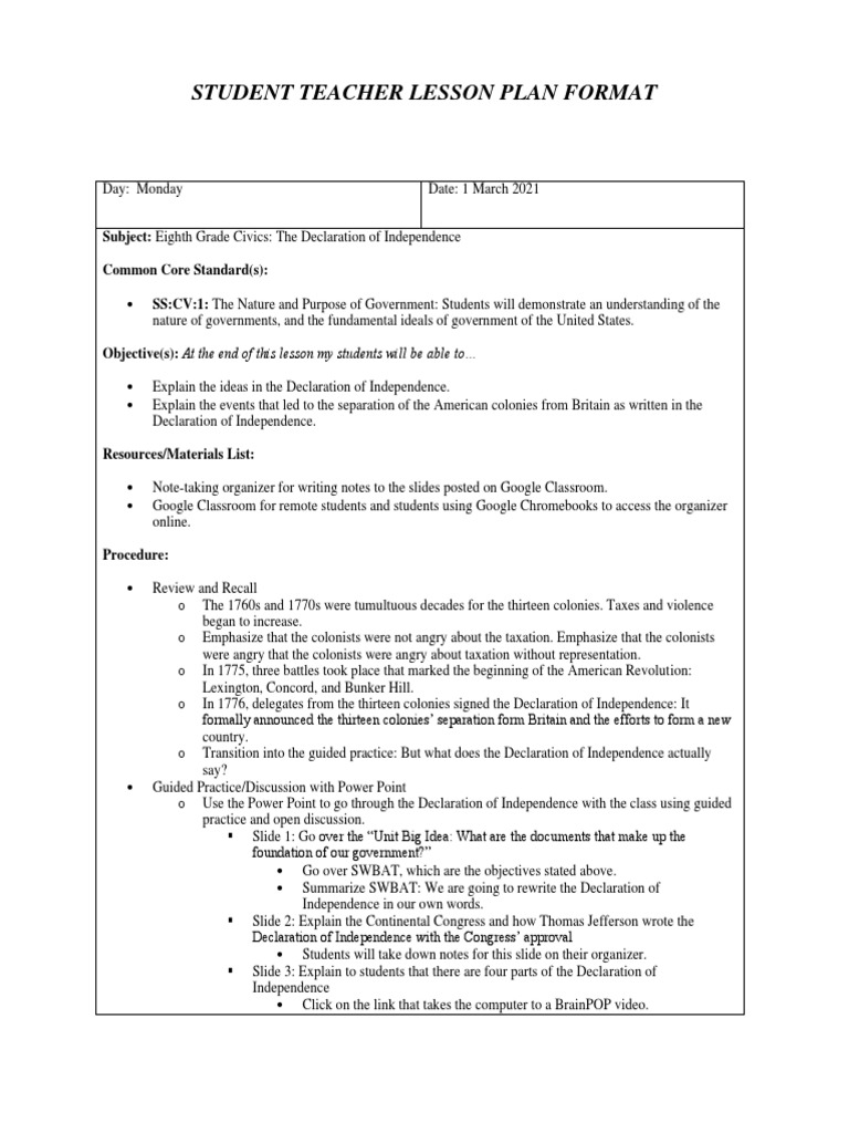 Student Teacher Lesson Plan Format | PDF | United States Declaration Of ...