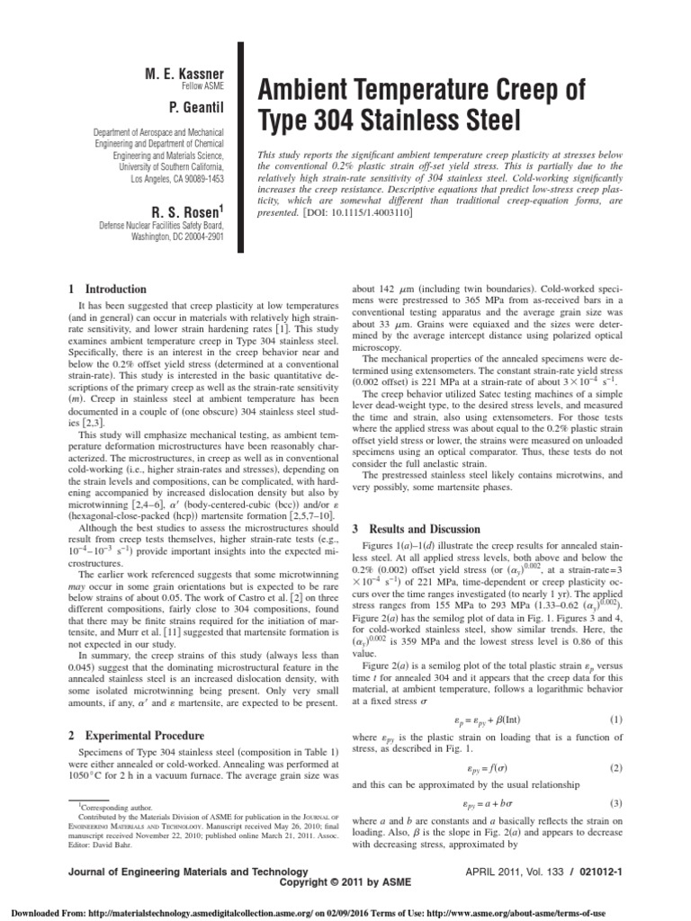 Ambient Temperature Creep of Type 304 Stainless Steel: M. E. Kassner P ...