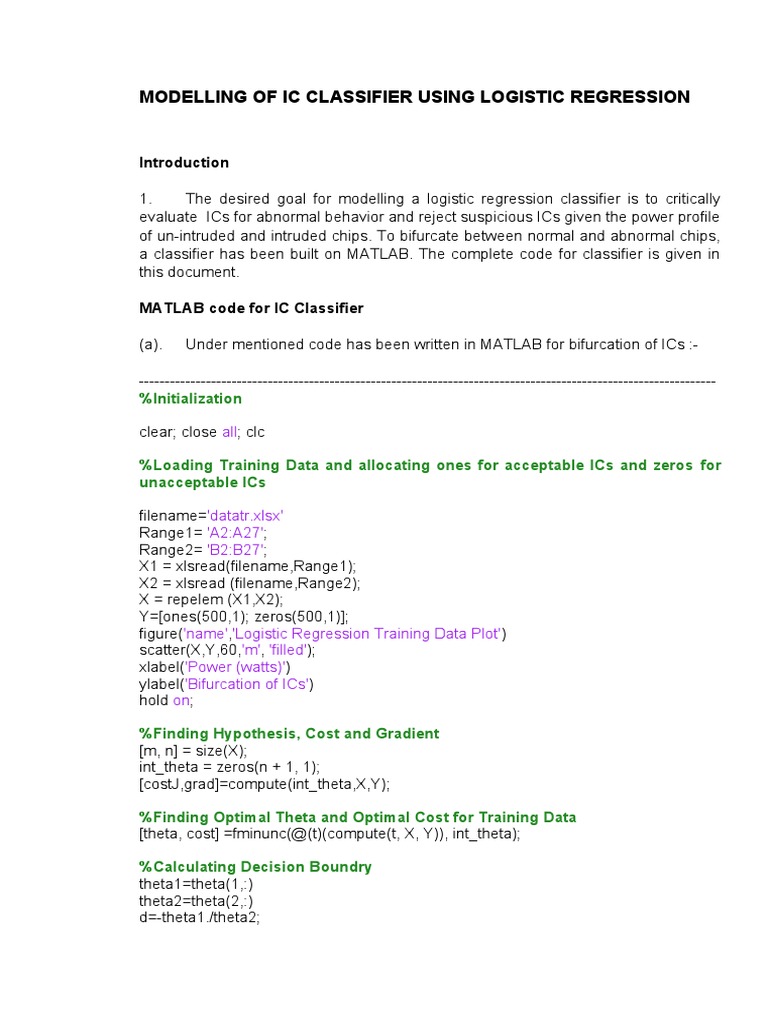 Modelling of Ic Classifier Using Logistic Regression: %initialization ...