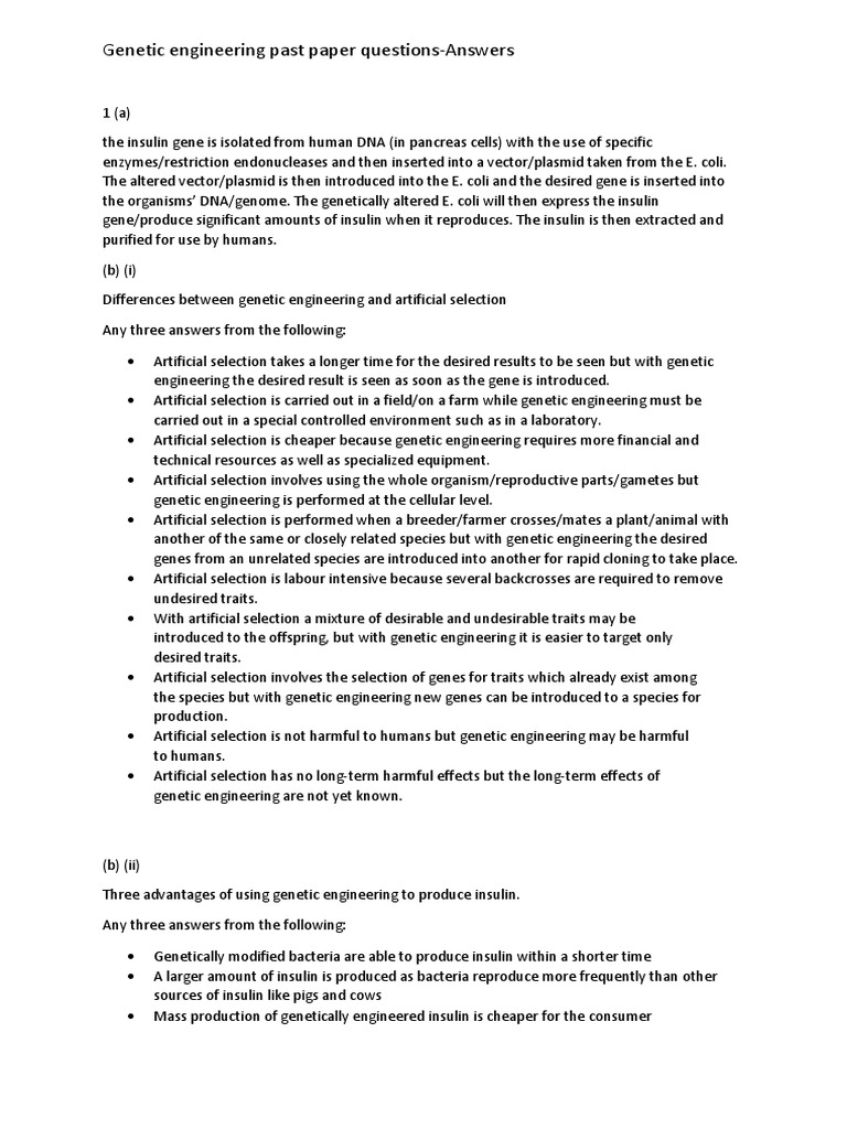 Genetic Engineering Past Paper Questions-Answers | PDF | Genetic ...