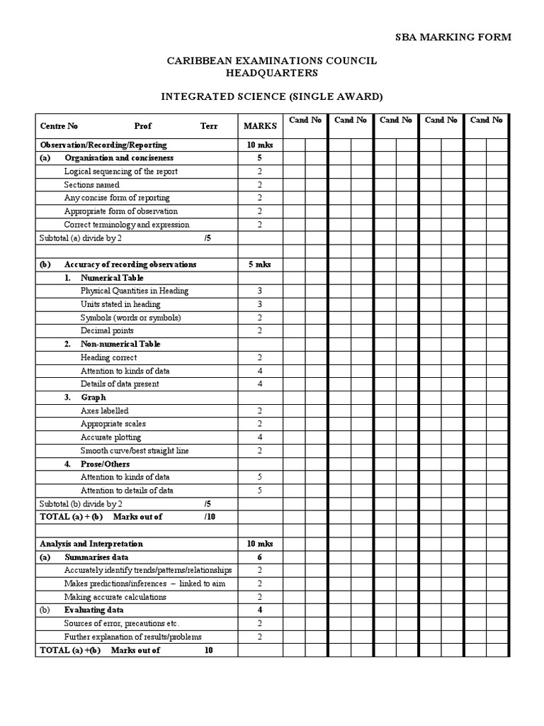 Csec Integrated Science Sa Sba Marking Form Pdf Data Accuracy