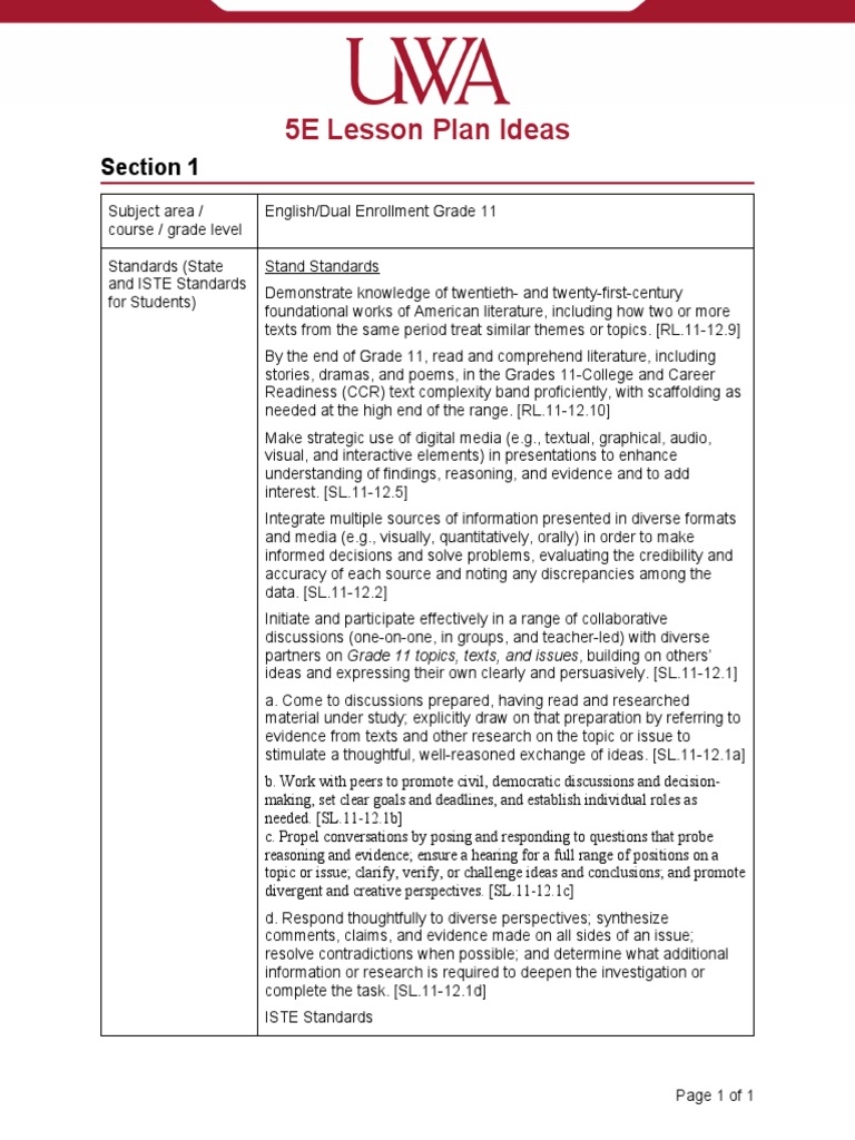 5E Lesson Plan for The Great Gatsby | PDF | Rubric (Academic) | Learning