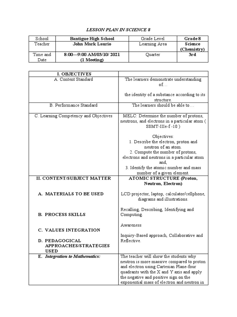 LESSON PLAN IN SCIENCE 8 (1st Discussion) | PDF | Atoms | Proton
