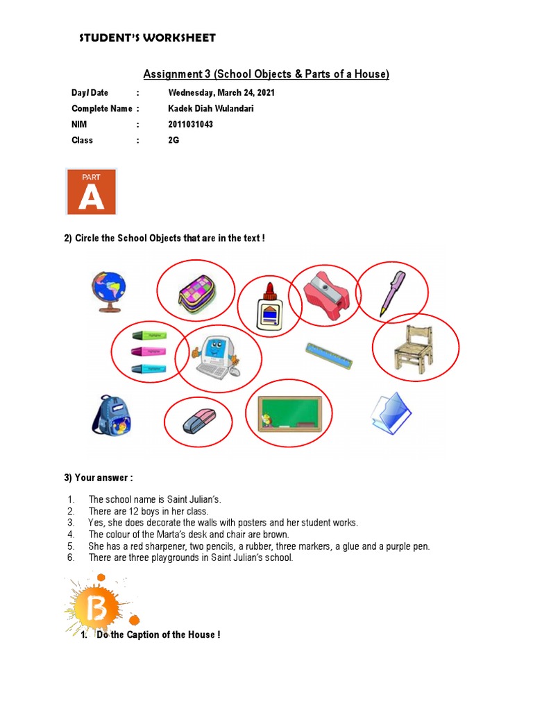 Student'S Worksheet: 2) Circle The School Objects That Are in The Text ...