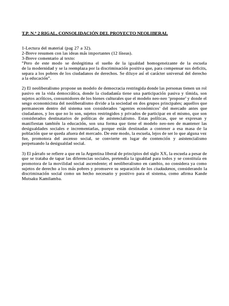 TP 2 Rigal Consolidacion Del Proyecto Neoliberal | PDF