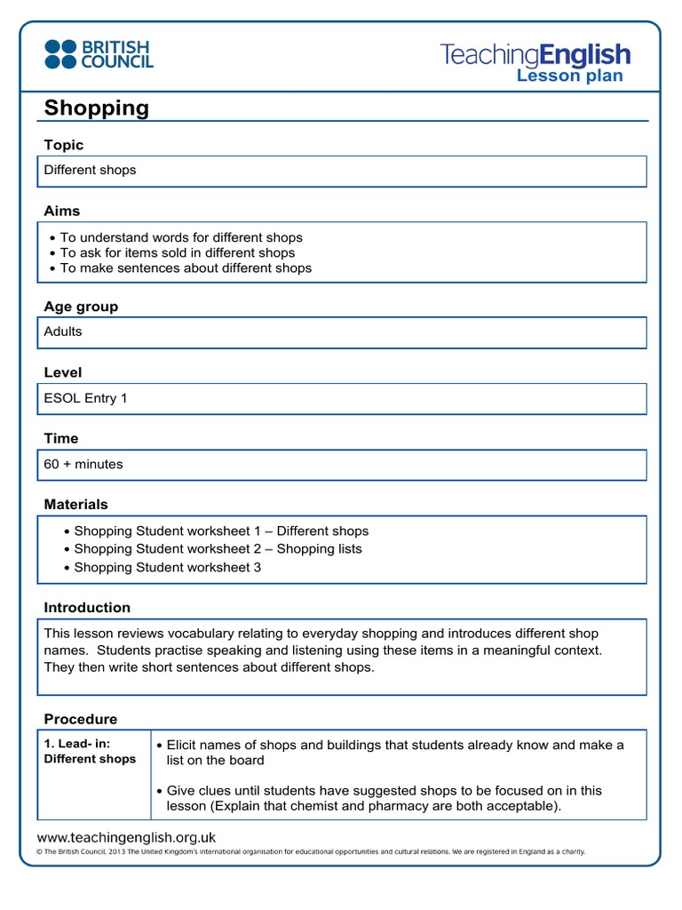 Shopping Lesson Plan | PDF | Vocabulary | Lesson Plan