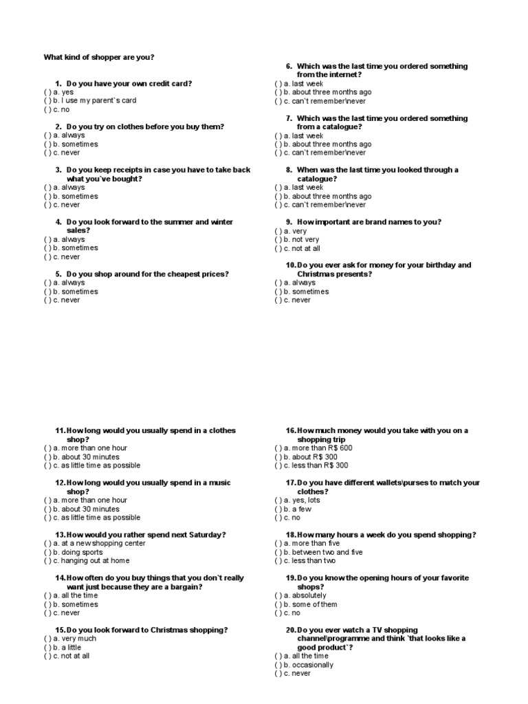 What Kind of Shopper Are You QUESTIONNAIRE | PDF | Marketing | Retail