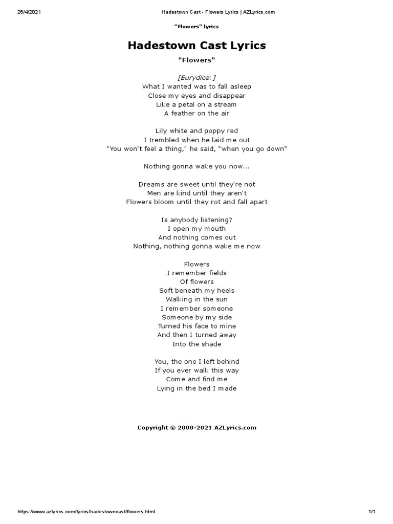 Hadestown Cast - Flowers Lyrics | PDF