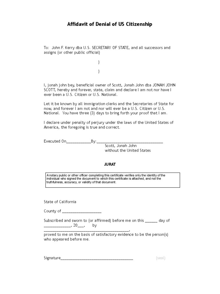 Affidavit of Denial of US Citizenship | PDF