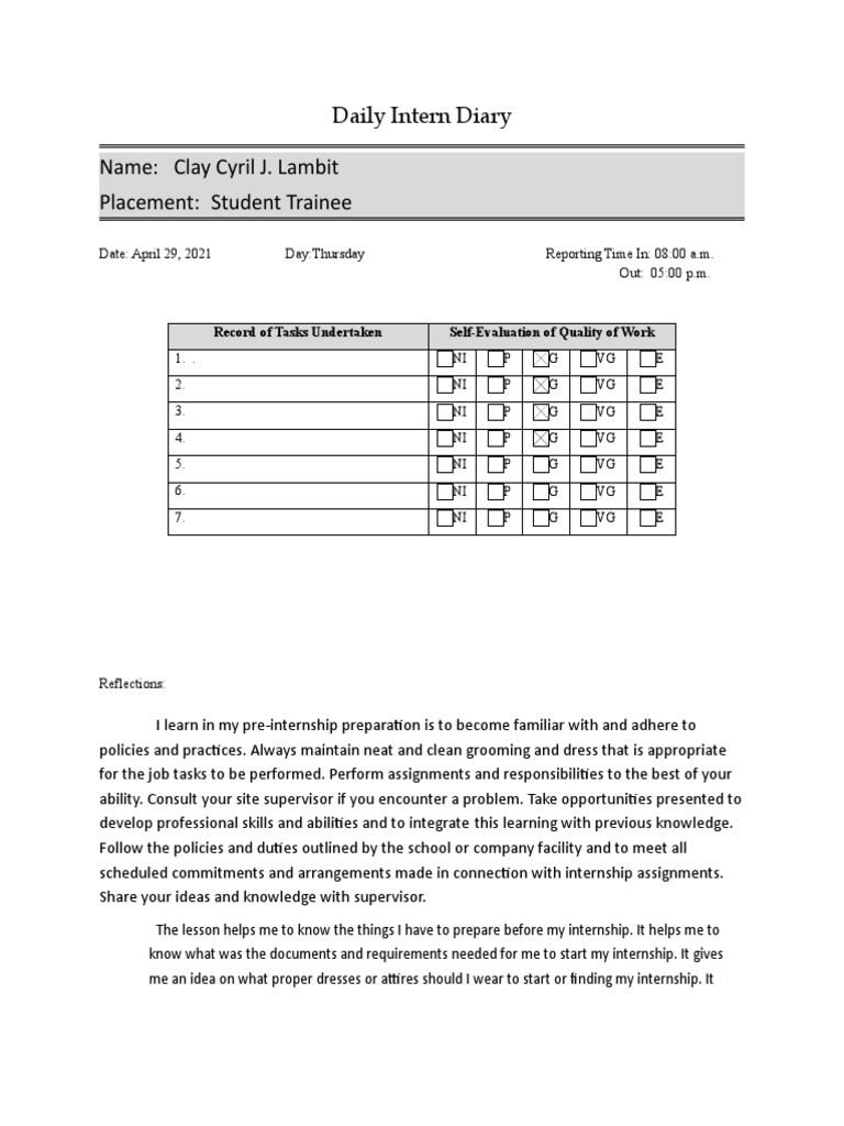 Lambit Clay Cyril J. Daily Intern Diary April 29, 2021 | PDF ...