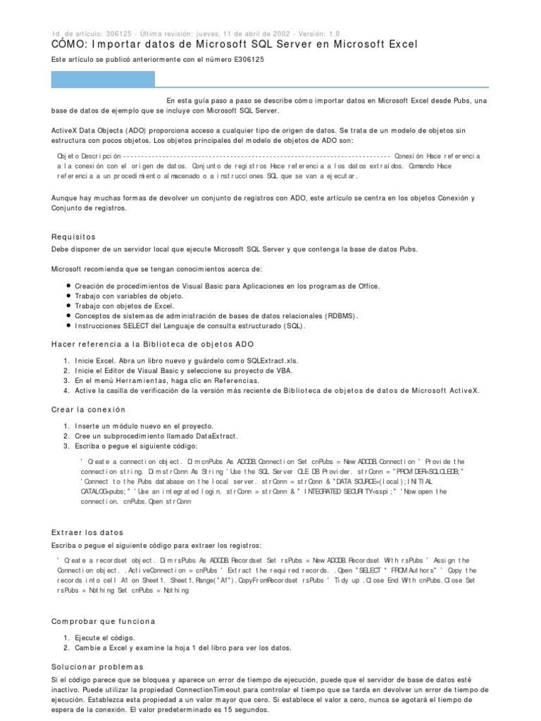 Importar SQL Server a Excel | PDF | Active X Data Objects | SQL