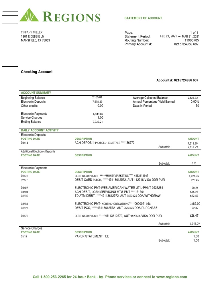 Tiffany Miller Account Statement | PDF | Debit Card | Service Industries