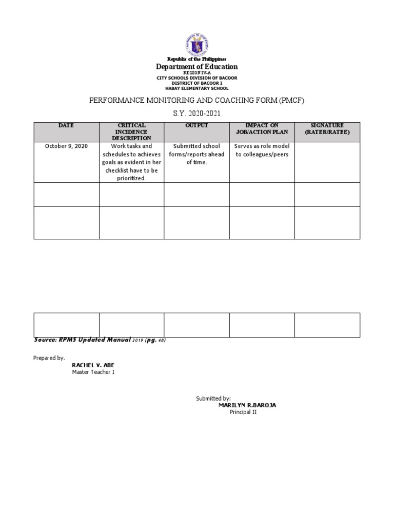 Performance Monitoring and Coaching Form (PMCF) S.Y. 2020-2021 | PDF