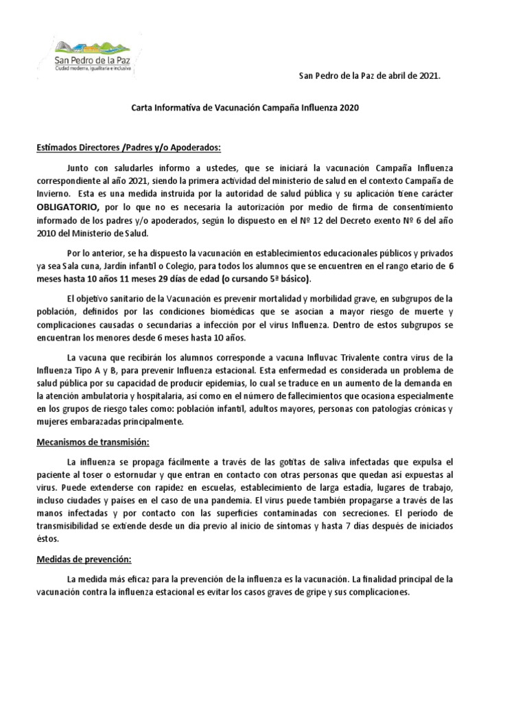 Carta Apoderados | Descargar gratis PDF | Influenza | Vacunas