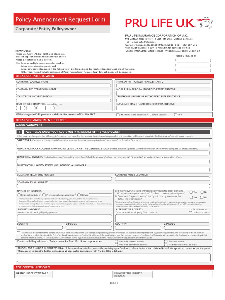 Policy Amendment Request Form: Corporate/Entity Policyowner | PDF ...