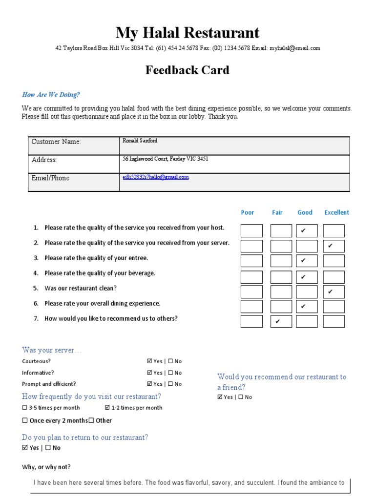 Restaurant Customer Feedback Form 1 | PDF | Restaurants | Food Industry