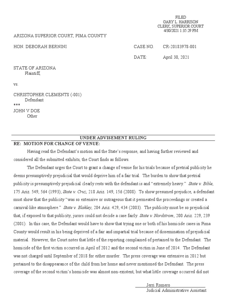 Under Advisement Ruling Re: Motion For Change of Venue | PDF | Legal ...