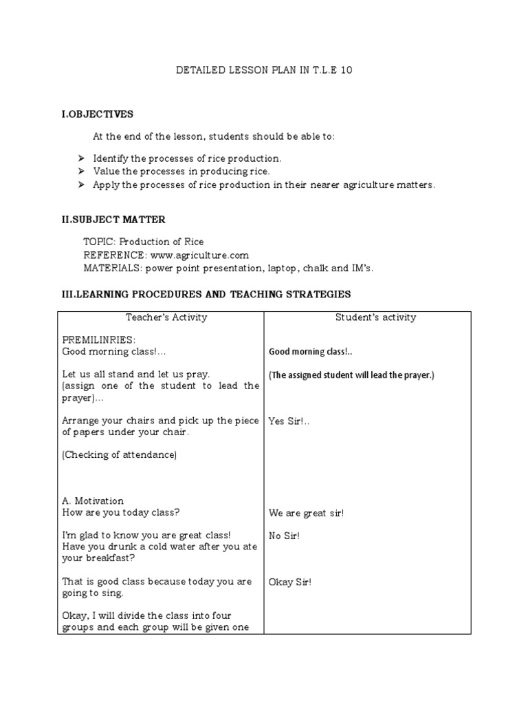 Rice Production Lesson Plan | PDF | Harvest | Rice
