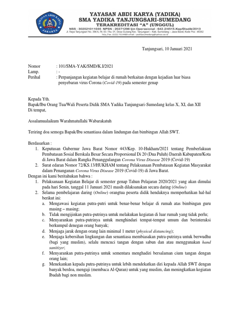 Surat Edaran Masuk Sekolah Semester Genap 20-21 | PDF | Ilmu Sosial | Kesehatan Holistik