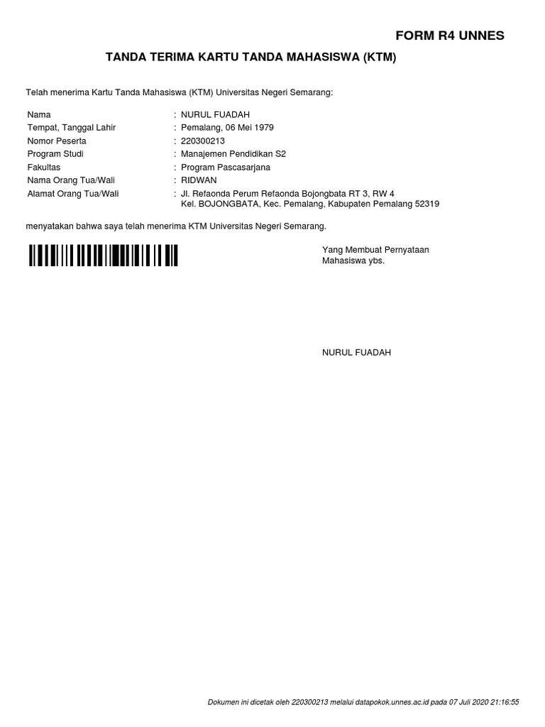 Tanda Terima Kartu Tanda Mahasiswa (KTM) : Form R4 Unnes | PDF