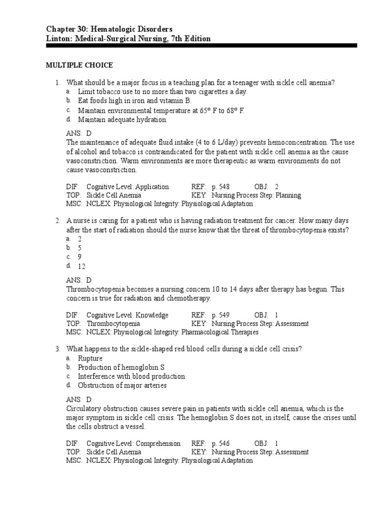 Chapter 30: Hematologic Disorders Linton: Medical-Surgical Nursing, 7th ...