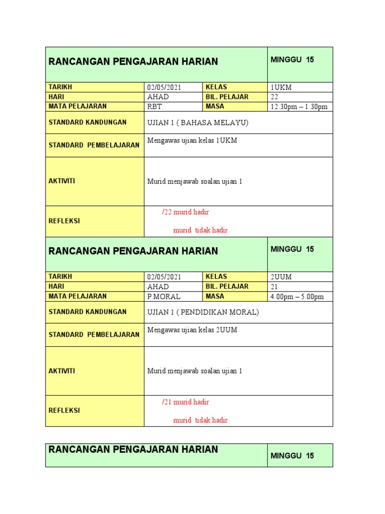 RPH Minggu Ujian-Peperiksaan | PDF