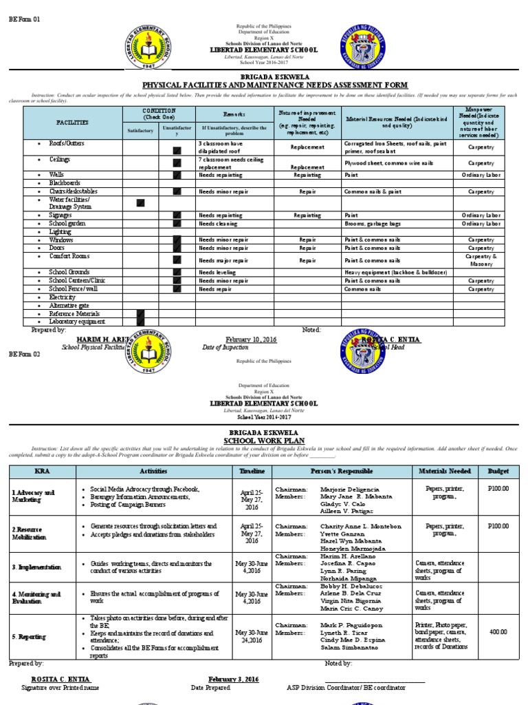 Brigada Eskwela Needs Assessment Form | PDF | Roof | Carpentry