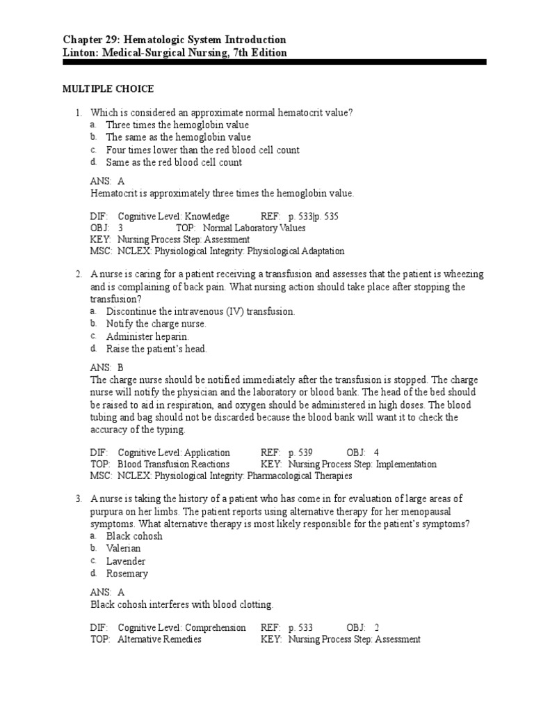 Chapter 29: Hematologic System Introduction Linton: Medical-Surgical Nursing, 7th Edition ...