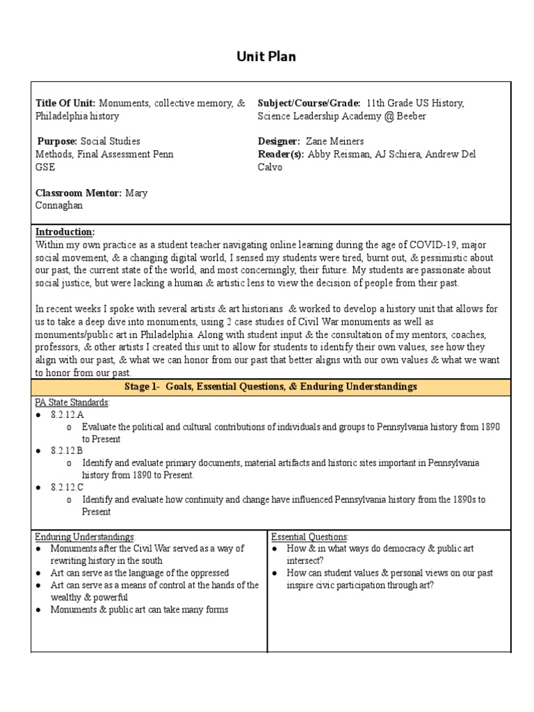 Zane Meiners Unit Plan | PDF | Mentorship | Teachers