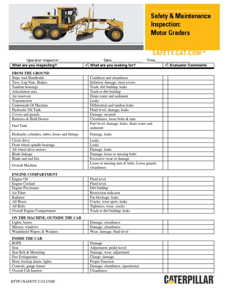 Safety & Maintenance Checklist - Motor Graders | PDF | Engines ...