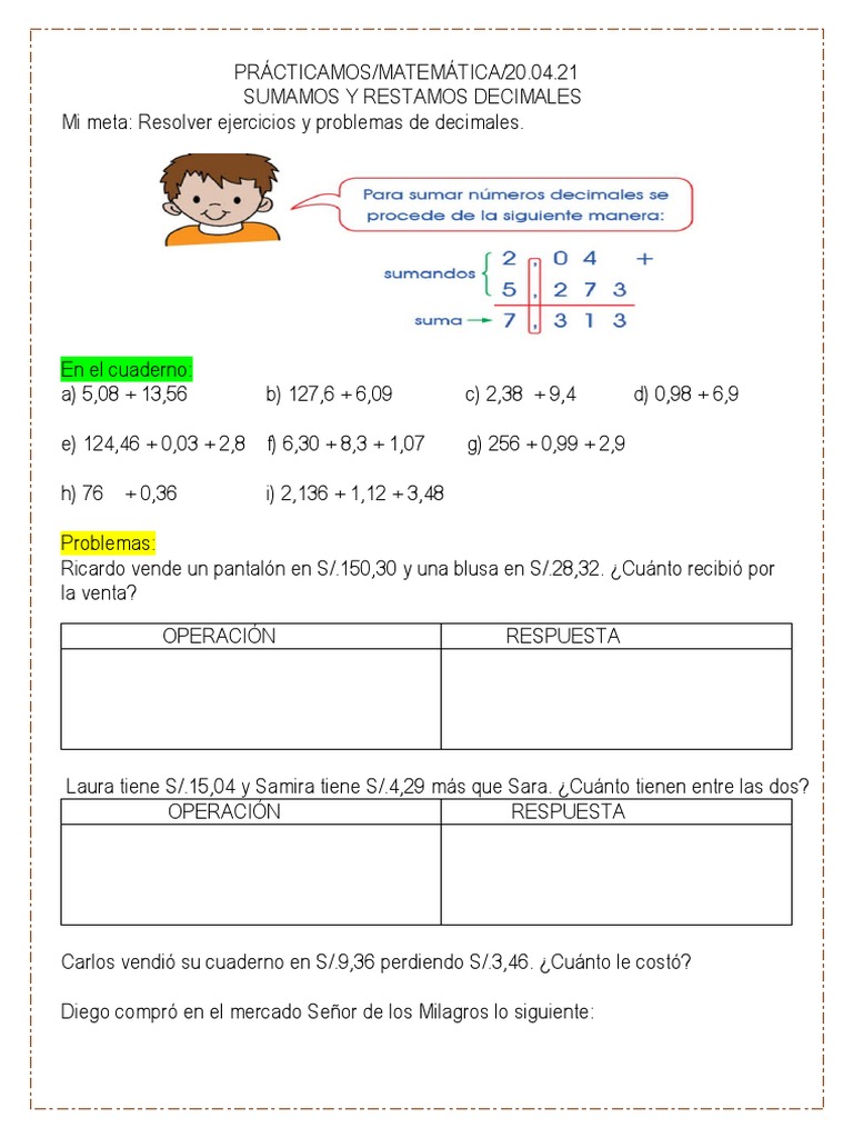Sumas y Restas de Decimales | PDF