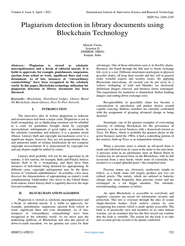 Plagiarism Detection in Library Documents Using Blockchain Technology | PDF | Plagiarism | Libraries