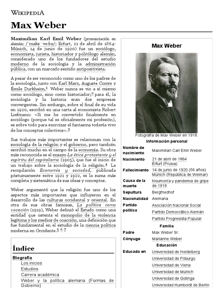 Max Weber - Wikipedia, La Enciclopedia Libre | PDF | Max Weber | Religión y creencia
