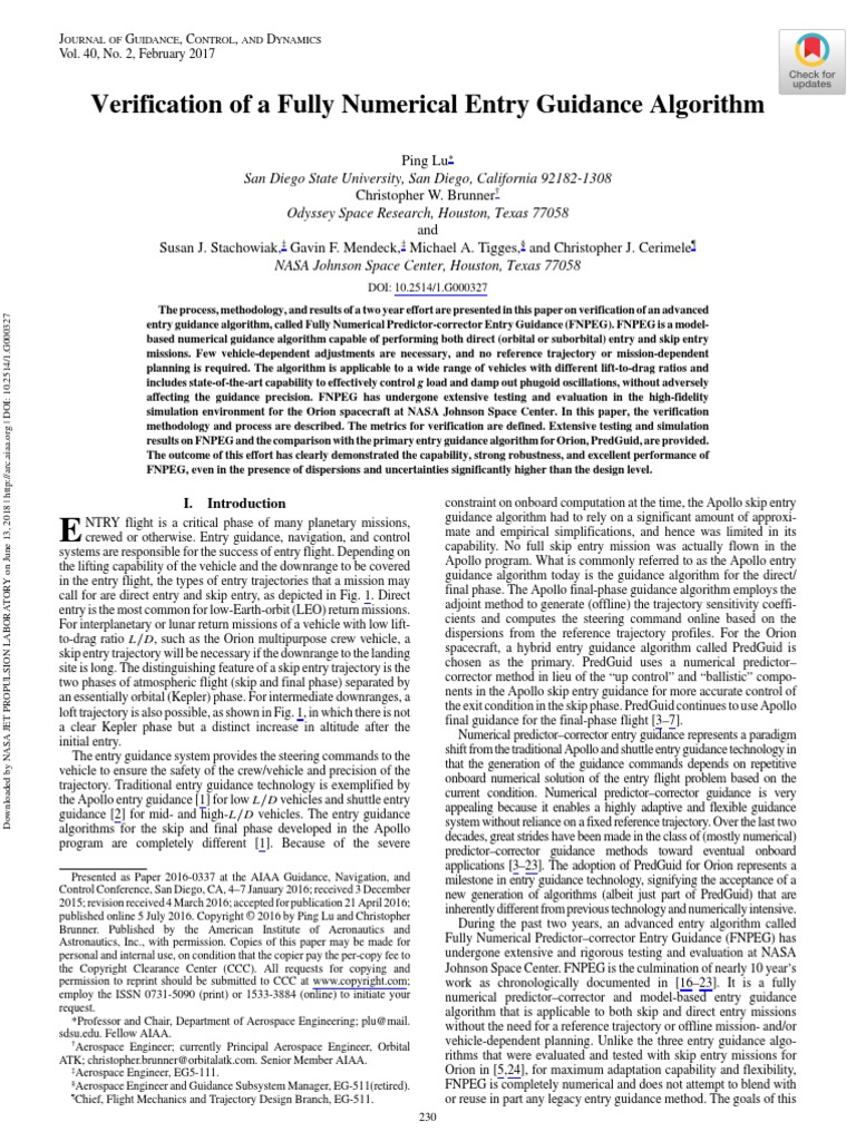 5verification of A Fully Numerical Entry Guidance Algorithm | Download Free PDF | Apollo Program ...