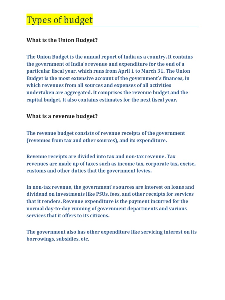 Types of Budget: What Is The Union Budget? | PDF | Taxes | Government ...