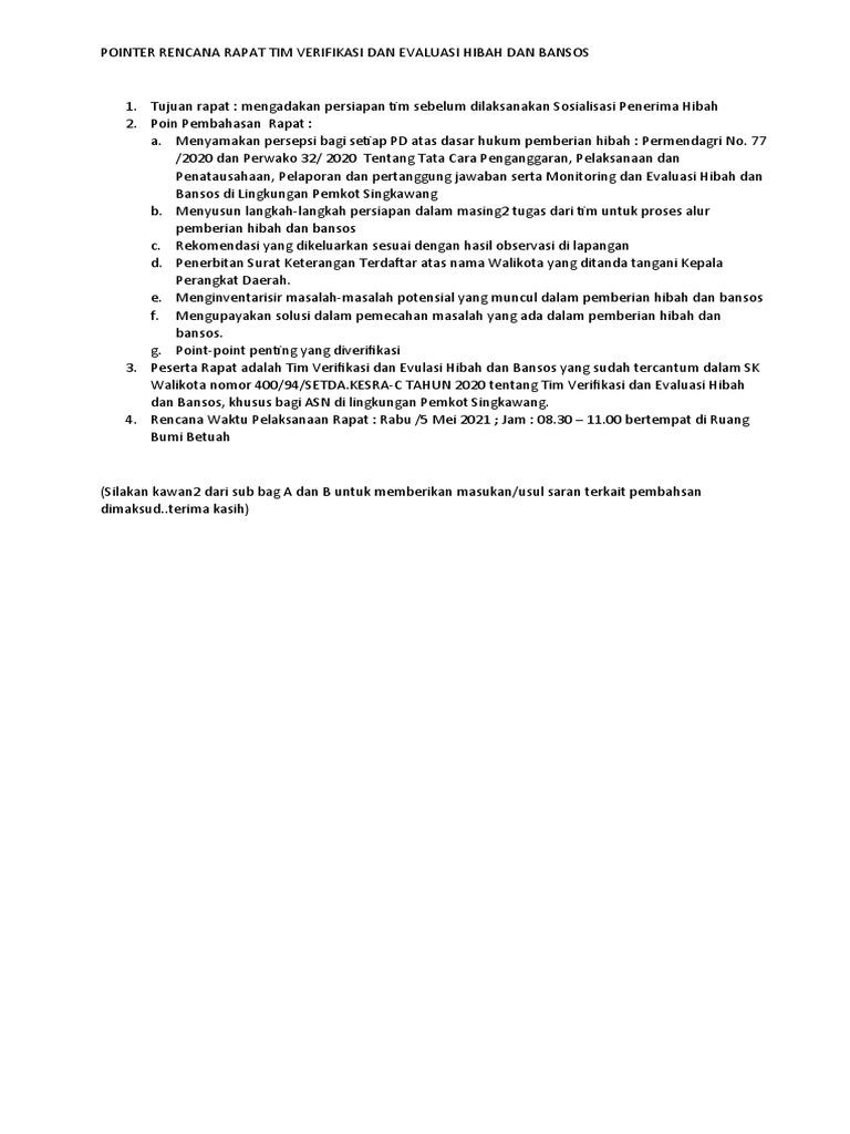 Pointer Rencana Rapat Tim Verifikasi Dan Evaluasi Hibah Dan Bansos ...