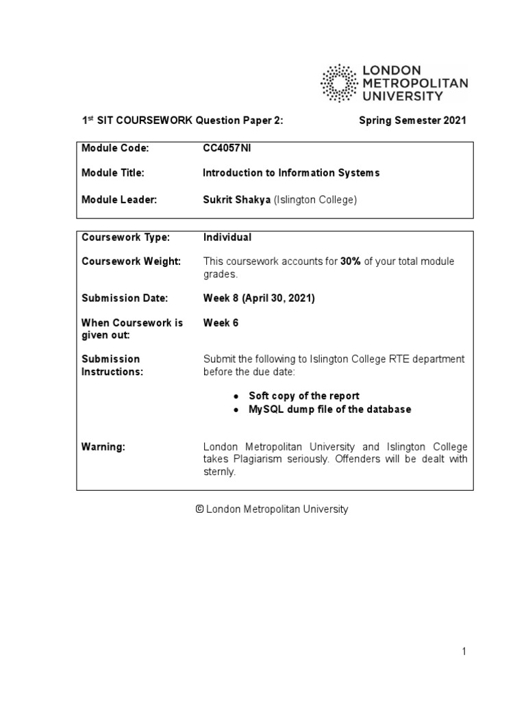 CC4057NI - Introduction To Information Systems S21 (1st Sit) - CW2 QP | PDF | Relational ...