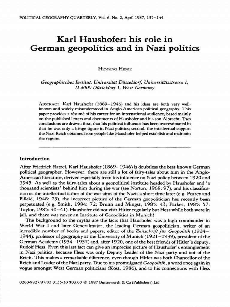 Karl Haushofer His Role in Nazi Germany | PDF | Geopolitics | Rudolf Hess