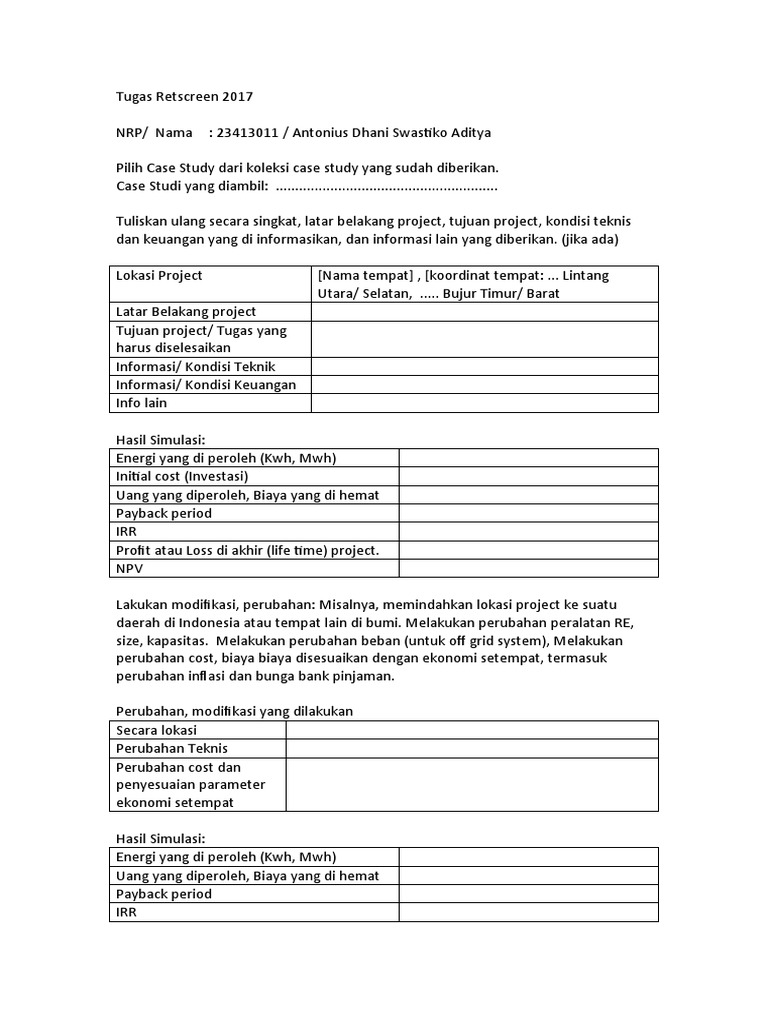 Isian Tugas RetScreen 2017 | PDF | Pengelolaan Keuangan & Uang