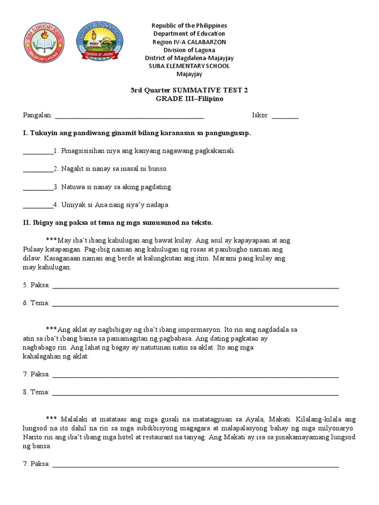 Summative Test 2 Filipino Q3 | PDF
