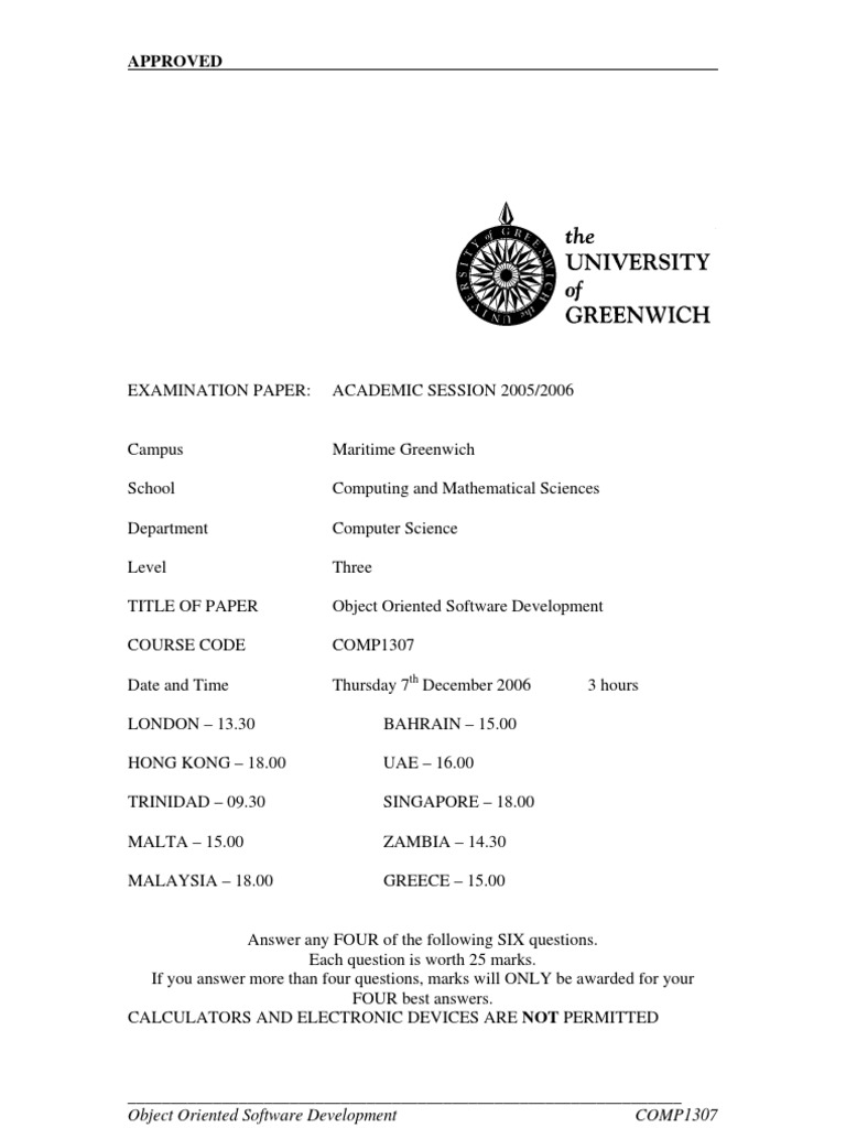 Sample Of Object Oriented Software Development Exam Dec 2006 Uk