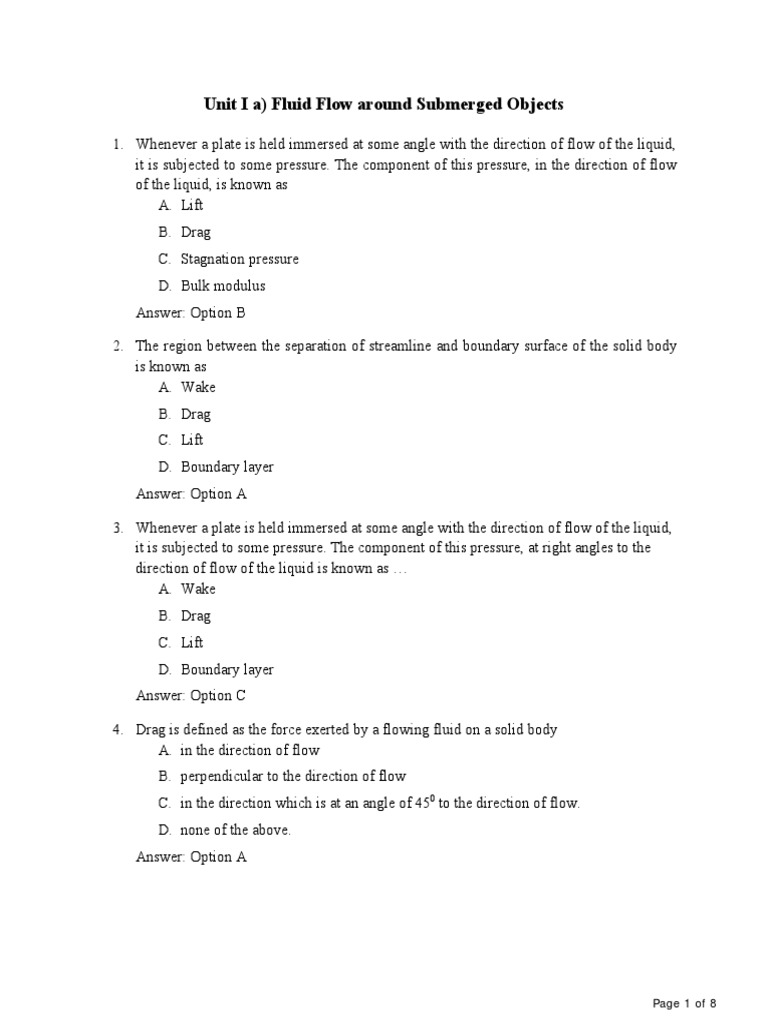 Unit I A) Fluid Flow Around Submerged Objects: Page 1 of 8 | PDF | Drag ...