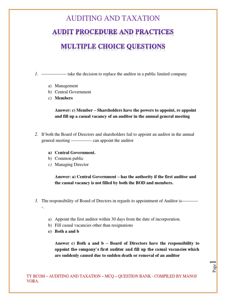 Auditing and Taxation: Ty Bcom - Auditing and Taxation - MCQ - Question Bank - Compiled by Manoj ...