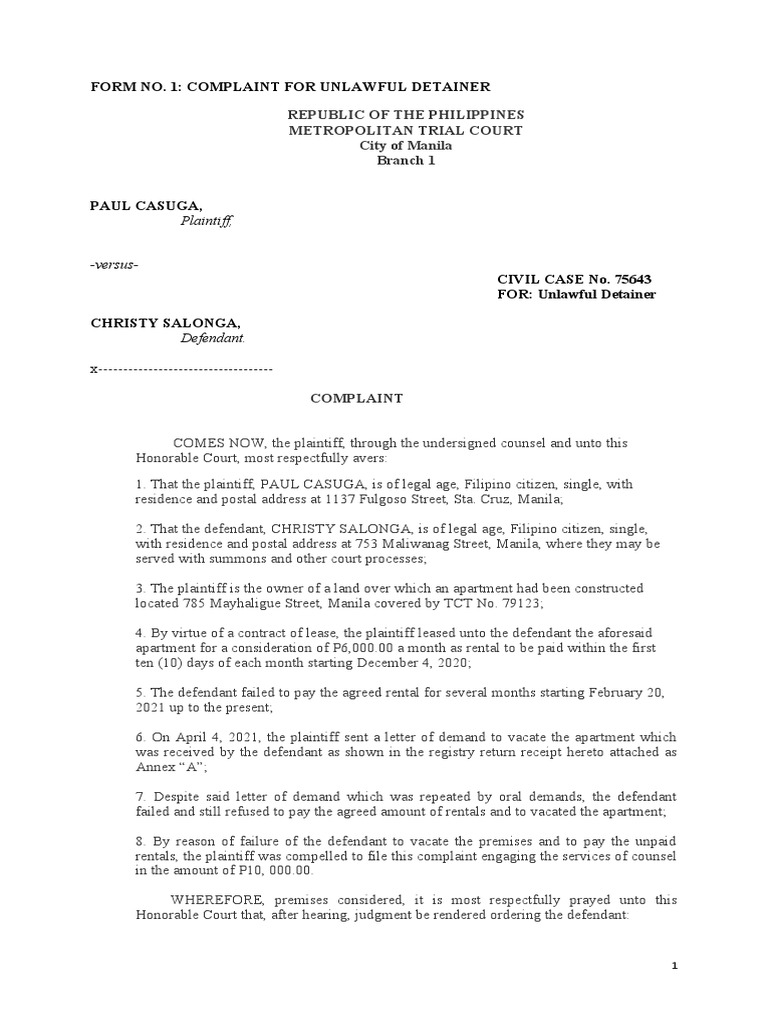 Plaintiff,: Form No. 1: Complaint For Unlawful Detainer | PDF | Demurrer | Lawsuit