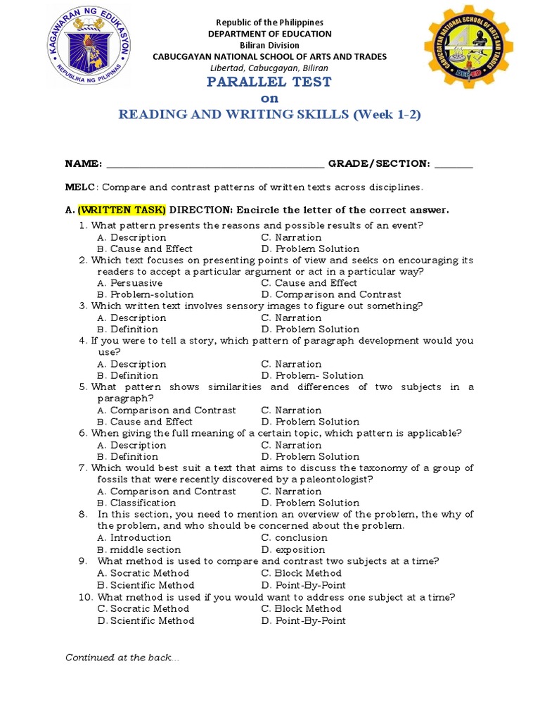 Comparing Patterns of Written Texts: A Parallel Test on Reading and ...