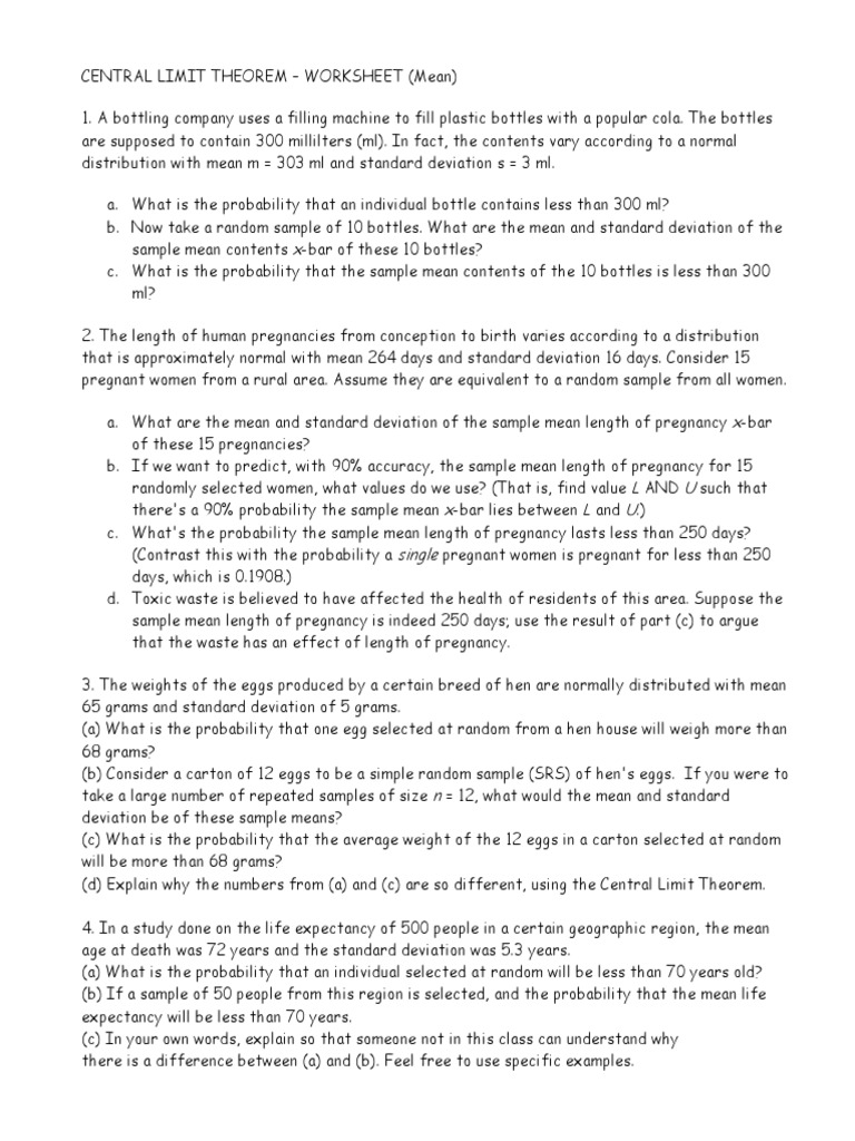 Central Limit Theorem Worksheet | PDF | Mean | Standard Deviation