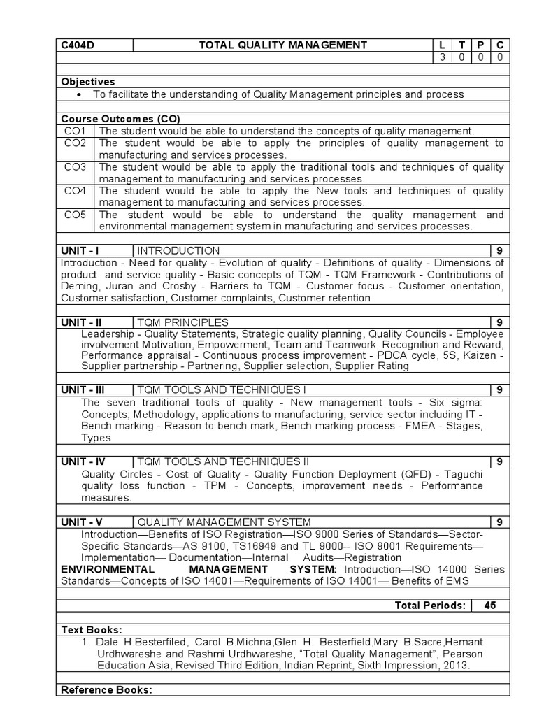Syllabus - TQM | PDF | Quality (Business) | Quality Management